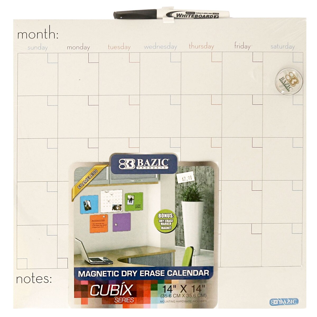 BAZIC Magnetic Dry Erase Calendar Tile 14"x14"