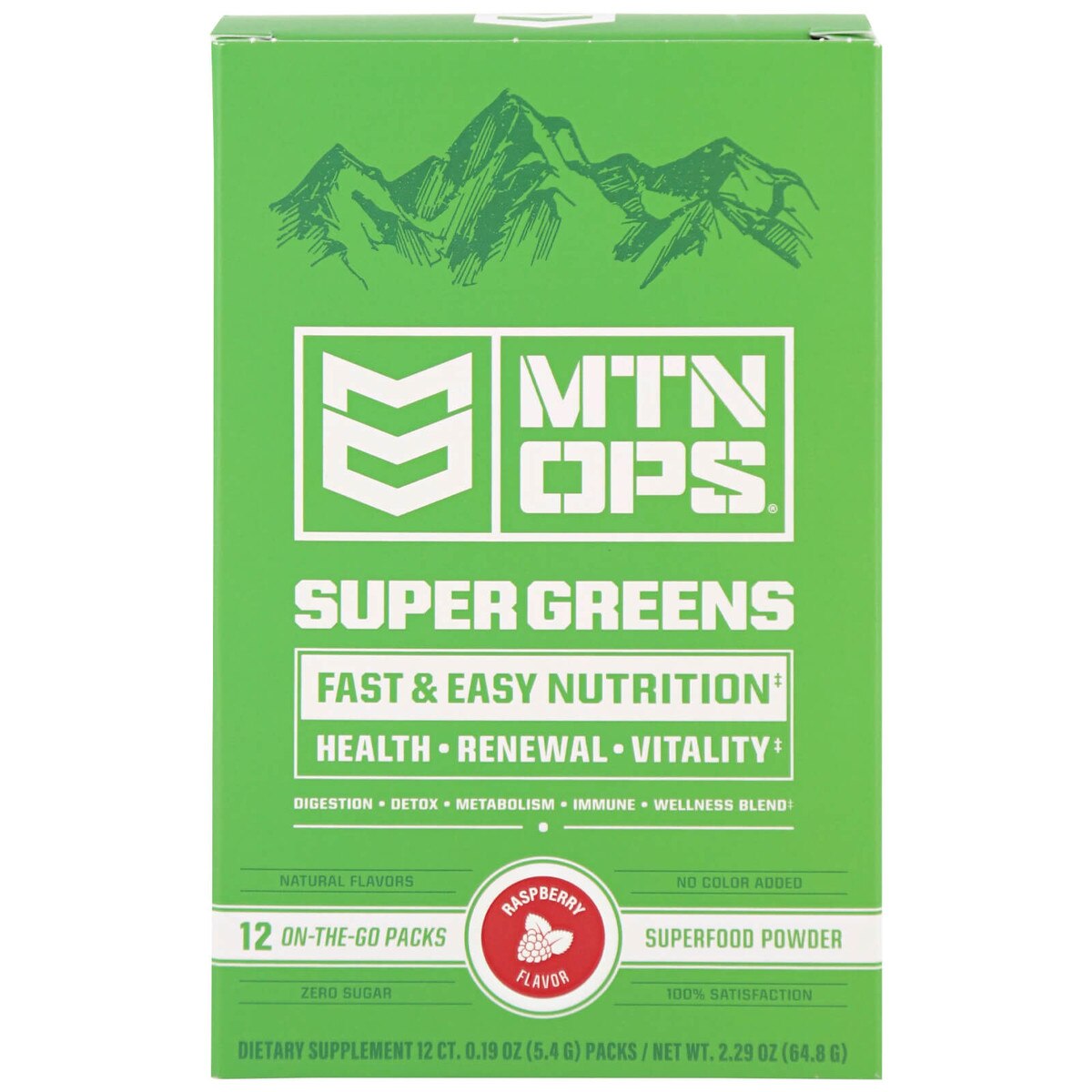 Raspberry Super Greens Superfood Powder Sticks Pack Mtn Ops - 12 Count