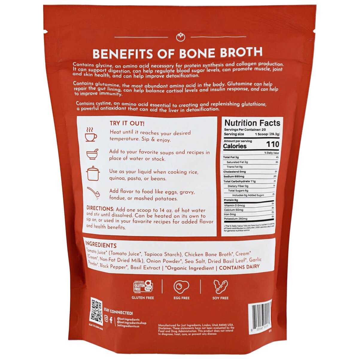 Tomato Basil Chicken Bone Broth Mix - Just Ingredients